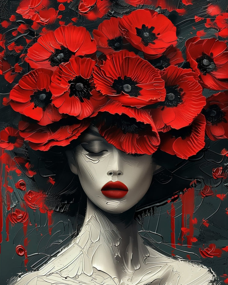 Red Poppy Elegance - Floral Women - Fixed Kits - Paint By Numbers Kit